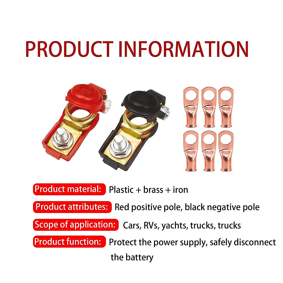 1 Pair Battery Terminals, Negative and Positive Car Battery Cable Terminal Clamp Connectors, 6PCS 3/8 Copper Ring Terminal Assortment Kit and 4PCS Heat Shrink Tubes, Fit for Van, Boat, and More