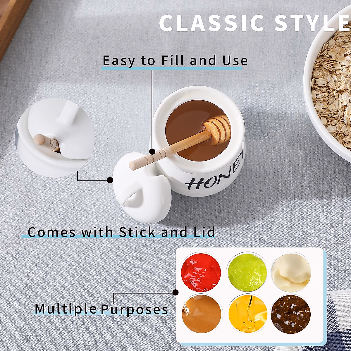 HAOTOP Porcelain Honey Jar with Lid and Honey Dipper 12oz (White)