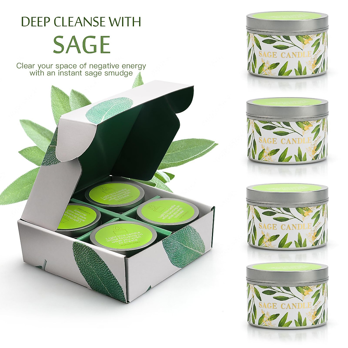 Sage Candles for House Energy Cleansing,4 Pack House Warming Gifts New Home Pure White Sage Candle Set for Chakra Healing-18oz 120 Hour Long Lasting Natural Soy Wax Aromatherapy Candle