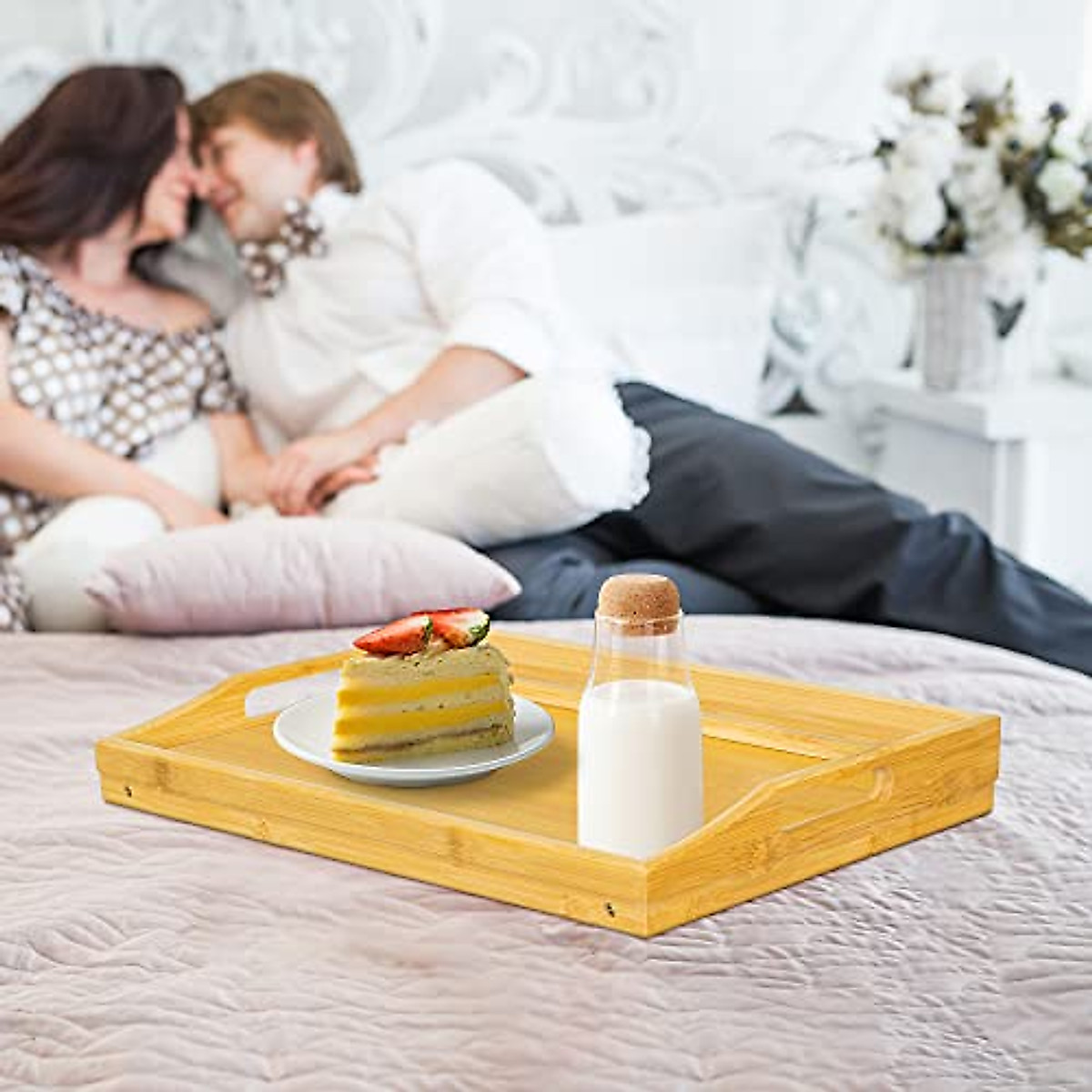 Bed Tray Table for Eating - Bamboo Breakfast Food Table with Phone Tablet Holder - Adjustable Height Serving Tray with Folding Legs on Lap Sofa - Portable Laptop Snack Platter for Bedroom Picnic