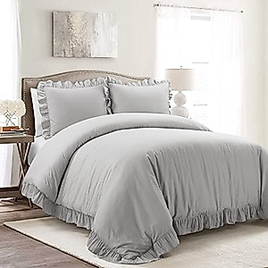Lush Decor Reyna 3-Piece Ruffled Cotton Duvet Cover Bedding Set, Full/Queen, Light Gray