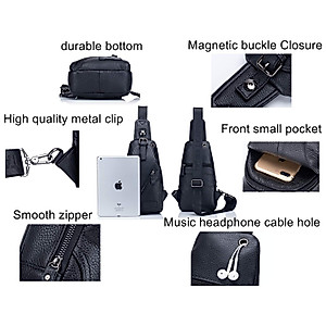 BULLCAPTAIN Genuine Leather Men Shoulder bag Sling Chest bag Travel Hiking Backpack Crossbody Bag (Black)