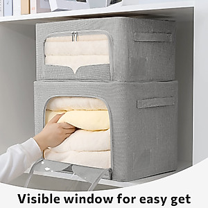 3 Pack Clothes Storage Bins - Foldable Metal Frame Storage Box - Stackable Linen Fabric Organizer Set with Carrying Handles and Clear Window (Light Gray, 15.7x11.8x7.8inch(22L))