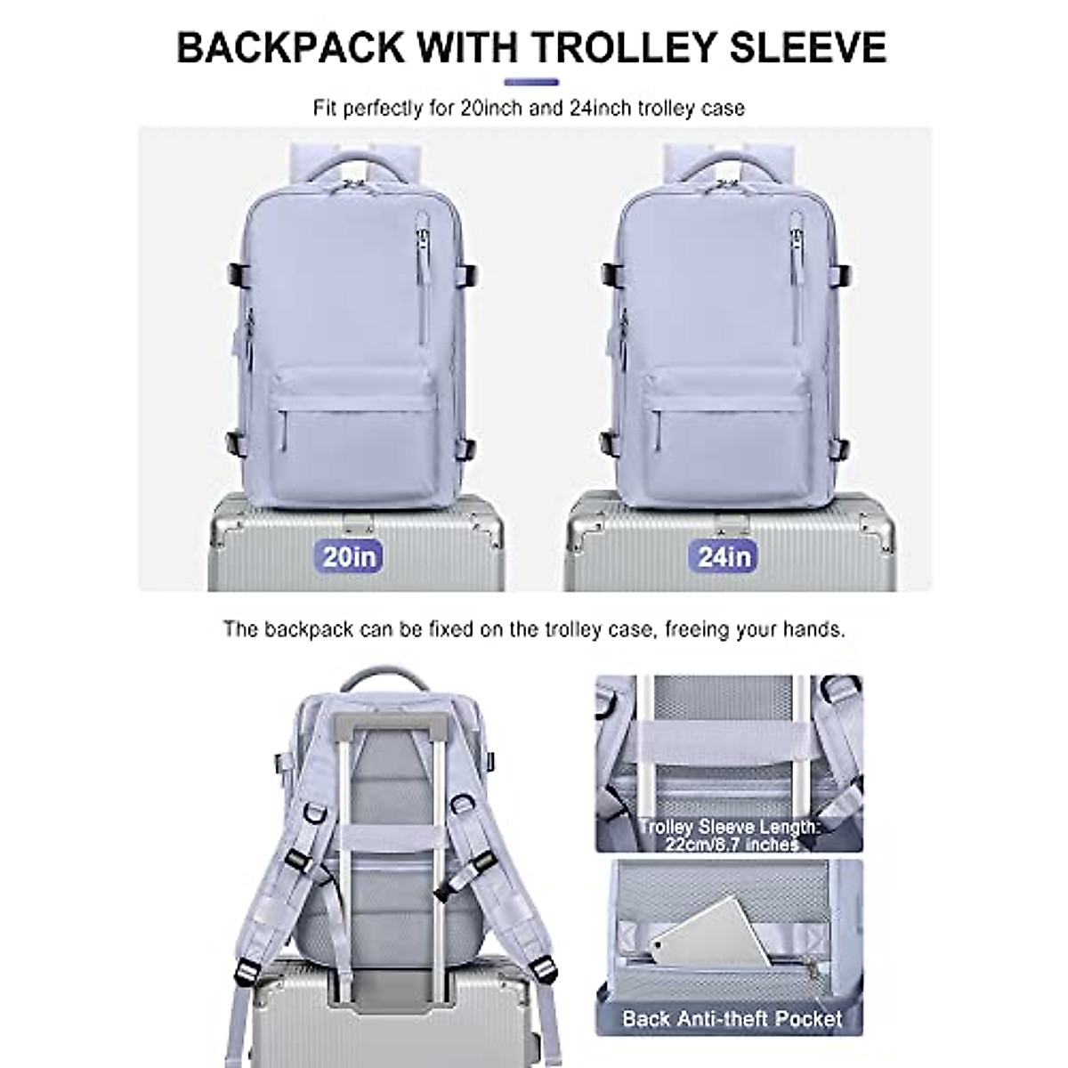 VGCUB Large Travel Backpack,Carry on Backpack for Women Men Airline Approved Gym Backpack Waterproof Business Laptop Daypack,Purple With Toiletry Bag