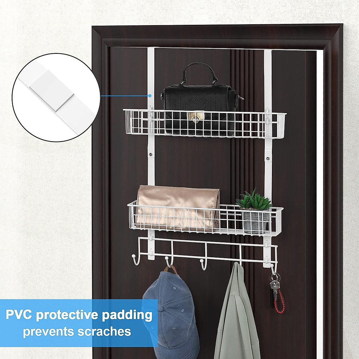 NEX The Door Hooks Shelf Organizer Hanger Towel Rack with 2 Mesh Basket 5 Hooks Storage Rack Spice Rack for Bathroom Kitchen Storage Shelves Toiletries, White