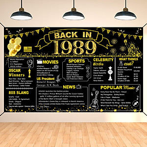 DARUNAXY 35th Birthday Black Gold Party Decoration, Back in 1989 Banner 35 Year Old Birthday Party Poster Supplies Vintage 1989 Backdrop Photography Background for Men & Women 35th Class Reunion Decor
