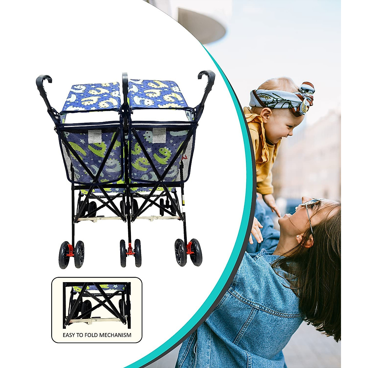 AmorosO Twin Lightweight Umbrella Stroller - Easy to Clean Stroller - Baby Stroller with Four Wheels - Travel-Ready Stroller - with Extra Storage - Sunlight and Light Rain Protection - Black