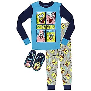 Spongebob Squarepants Boys 2 Piece Pajama Set with Slippers, Size 10 Navy