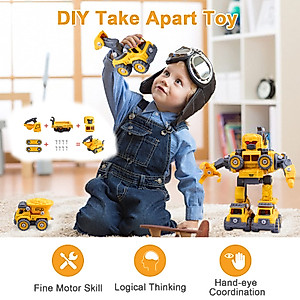 Toy Car Set for Kids 5 in 1 Transform Robot Take Apart Toys Building Toys Excavator Construction Vehicle Robot Toy with Sound and Light Effect for 3 4 5 6 7 8 Olds Boys and Girls Gift