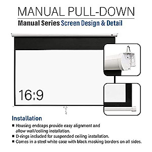 Akia Screens 100 inch Projector Screen Pull Down Manual B 16:9 8K 4K HD 3D Ceiling Wall Mount White Portable Projection Screen Retractable Auto Locking AK-M100H1 with 10 inch L-Bracket White AK-ZLB10W