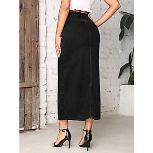 SweatyRocks Women's Casual High Waist Denim Skirt Split Hem Raw Trim Midi Jean Skirts Black L