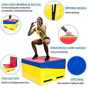 Matladin Folding Gymnastics Cheese Wedge Incline Mat, Gym Fitness Tumbling Skill Shape Mat for Kids Girls Home Training Exercise (55"x28"x14", Red+Yellow+Blue)