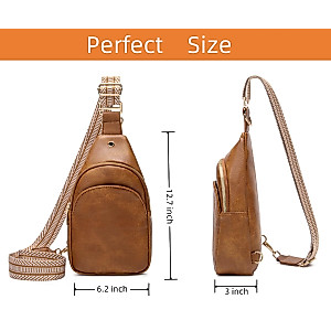 WSRYDJDL Women Small Crossbody PU Leather Chest Bag Sling Bag Satchel Daypack Shoulder backpack for traveling hiking Cycling (Brown W Dlg)