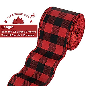 Tenn Well Buffalo Plaid Ribbon, 19.6 Yards 2.5 inch Wired Christmas Ribbon, Red and Black Plaid Ribbon for Bow Making, Gift Wrapping, Wreath Making, Christmas Tree Decoration (2 Roll x 9.8 Yards)