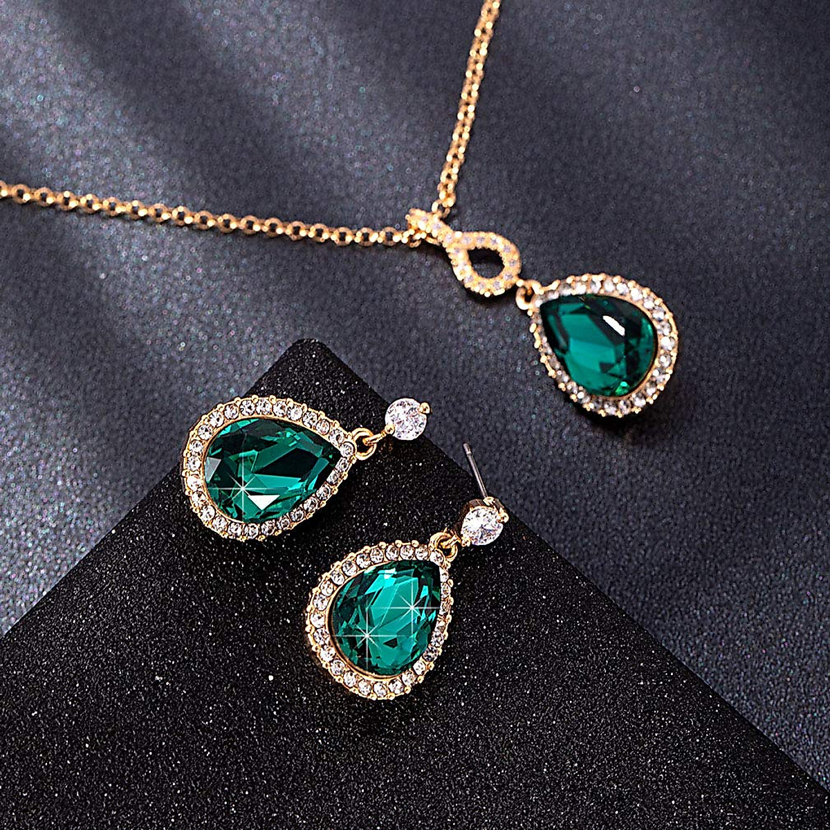 EVEVIC Austrian Crystals Teardrop Pendant Necklace Earrings for Women 14K Gold Plated Hypoallergenic Jewelry Set (Green)