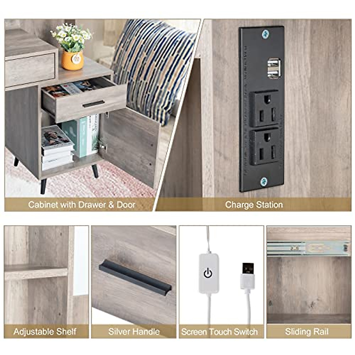 3-color Lighted Mirror Cabinet with Stool - Vanity Desk and Cushioned Chair - Sliding Mirror Makeup Desk - 2 Drawers 1 Door Cabinet 2 Shelves - Charging Station - Screen Touch Switch - Retro Grey