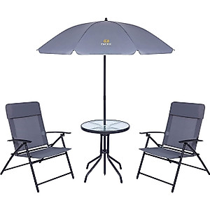 4-Piece Bistro Set Patio Dining Garden Outdoor Table with Tilted Removable Umbrella Glass and 2 Folding Chairs Grey Metal