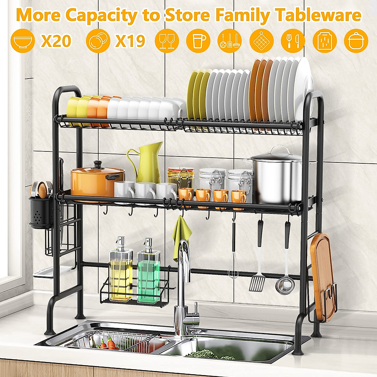 KETAZERO Over The Sink Dish Drying Rack, Stainless Steel 2 Tier Over The Sink Dish Drying Rack with Utensil Holder Dish Drainers for Kitchen Counter,Save More Counter Space, Black