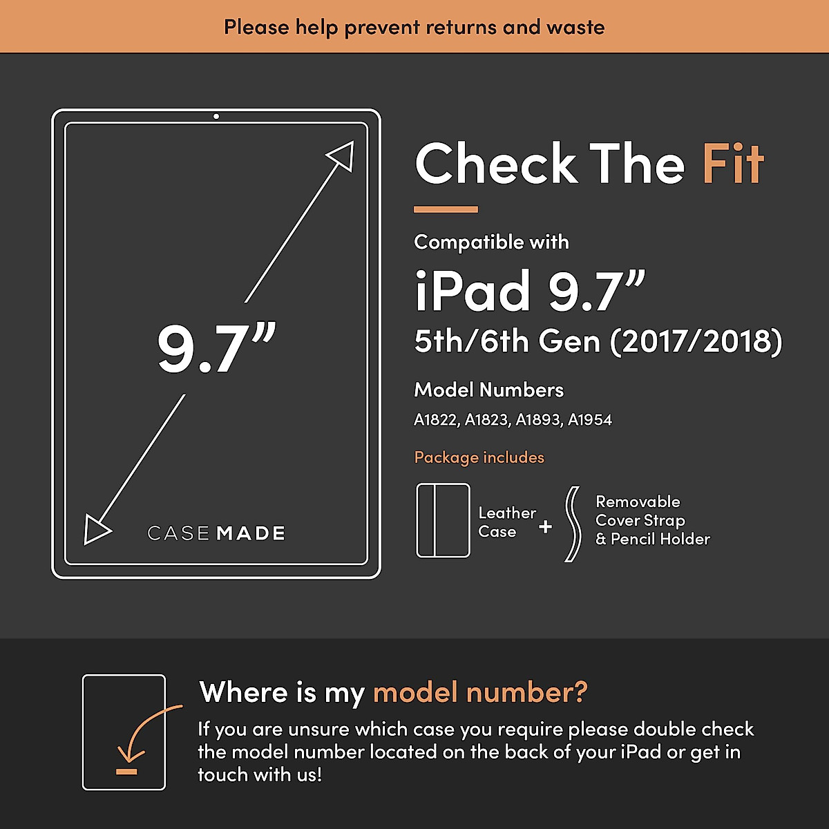 Casemade Real Leather Case Compatible with iPad 9.7” 5th/6th Gen (2017/2018) - Full-Grain Leather Cover, Auto Sleep/Wake, Dual Stand Position (Tan)