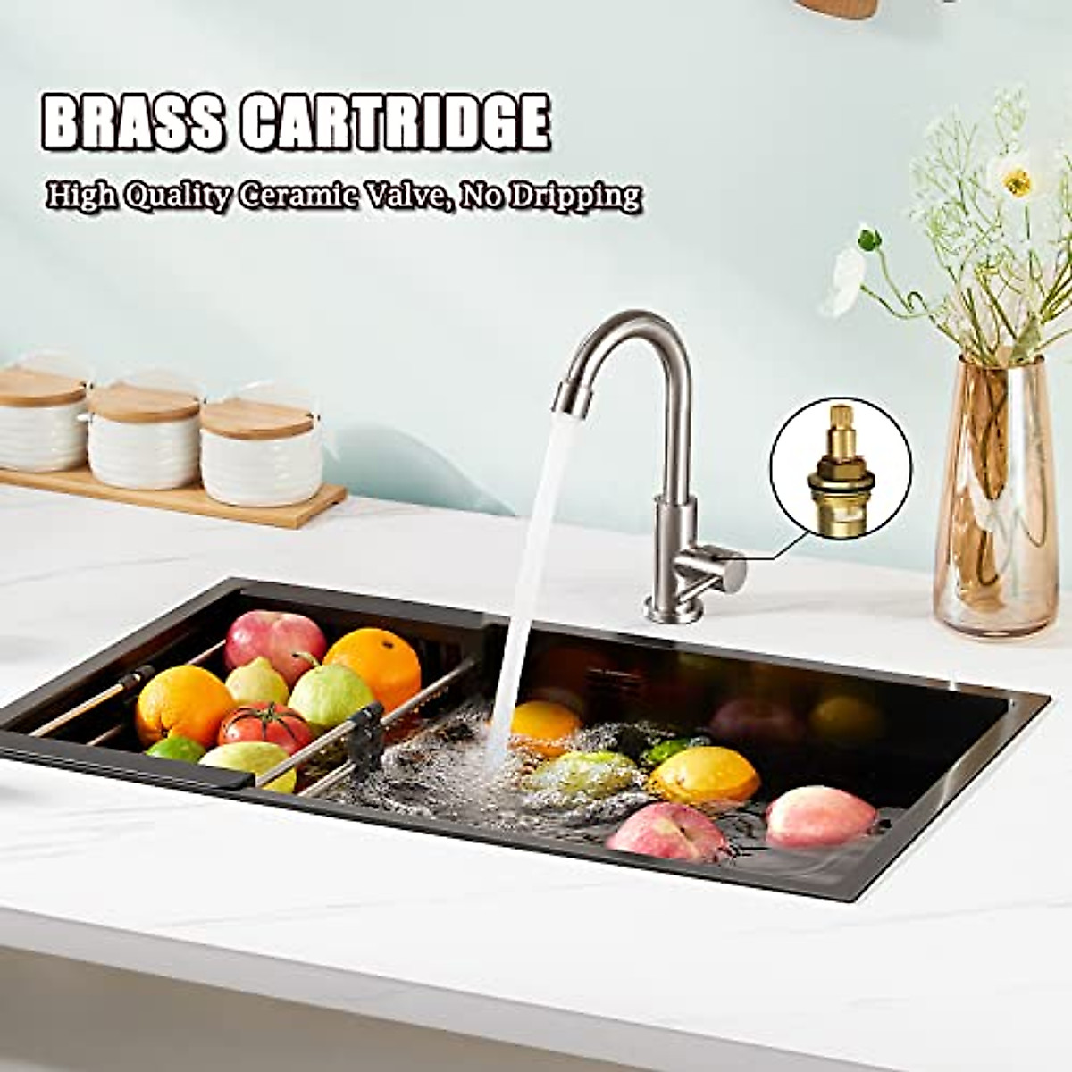 Cold Water Only Kitchen Faucet Brushed Nickel Single Handle 1 Hole 360 Degree Swivel Spout Deck Mount High Arc SUS304 Stainless Steel Sink Bar Tap Goose Neck with Hose(Drain Not Included)