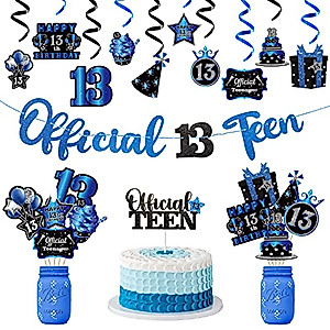 BUoonyer 42pcs 13th Black Blue Official Teen Birthday Banner Party Decorations, 13 Years Old Glitter Hanging Garlands Swirls Signs for Boys Girls, Cake Topper Centerpieces Decor Photo Booth Props
