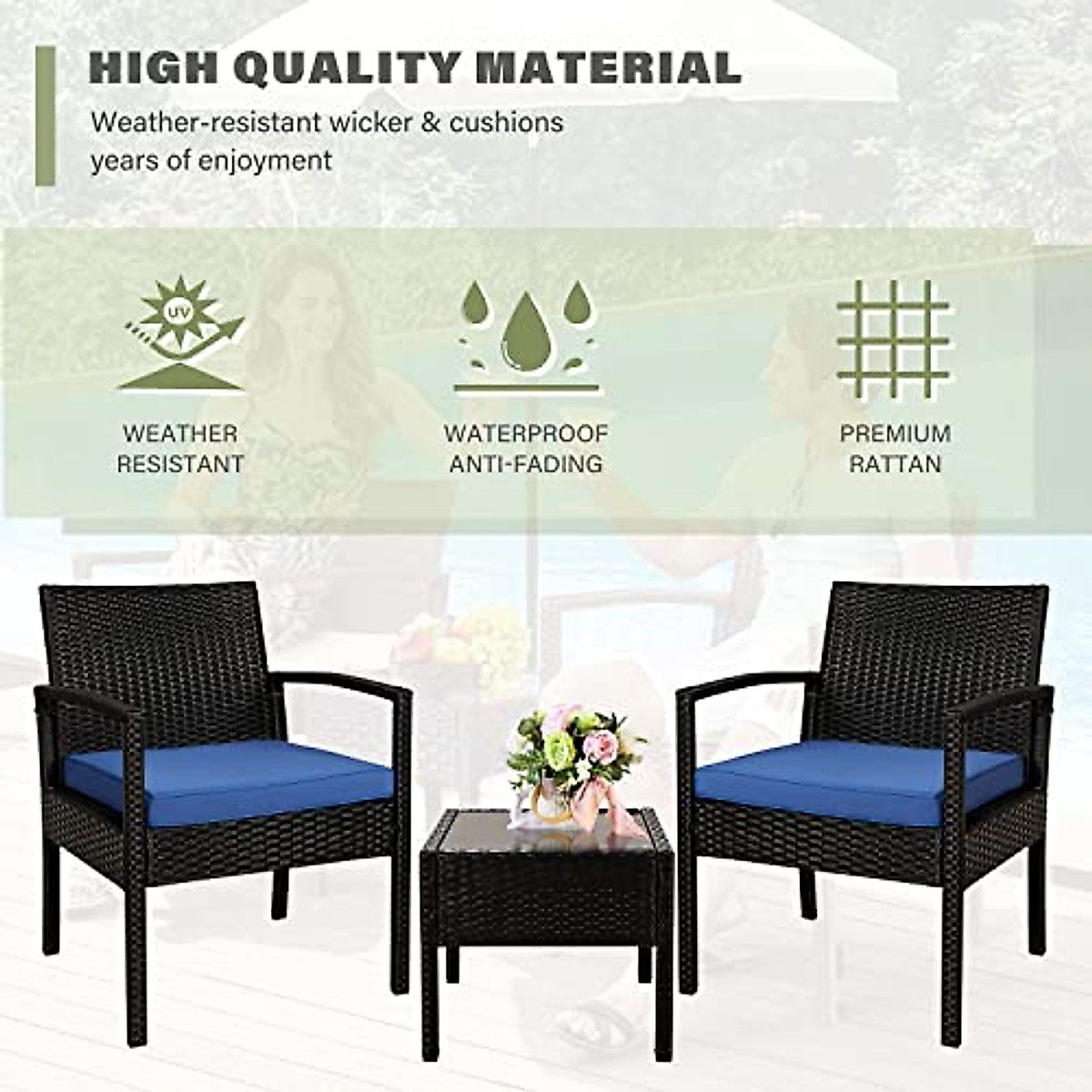 PAOLFOX Outdoor Patio Furniture Sets, Patio Furniture Set 3 Piece, Wicker Patio Chairs, Porch Deck Furniture, Rattan Wicker Furniture, Blue
