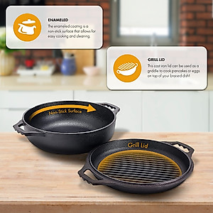 Bruntmor 2-in-1 Pre-Seasoned Cast Iron Dutch Oven with dual handles, Cocotte Double Braiser Pan with Grill Lid 3.3 Quarts - BBQ Grill, Fryer - Outdoor Cookware Set with Dual Handles, Camping,- Black