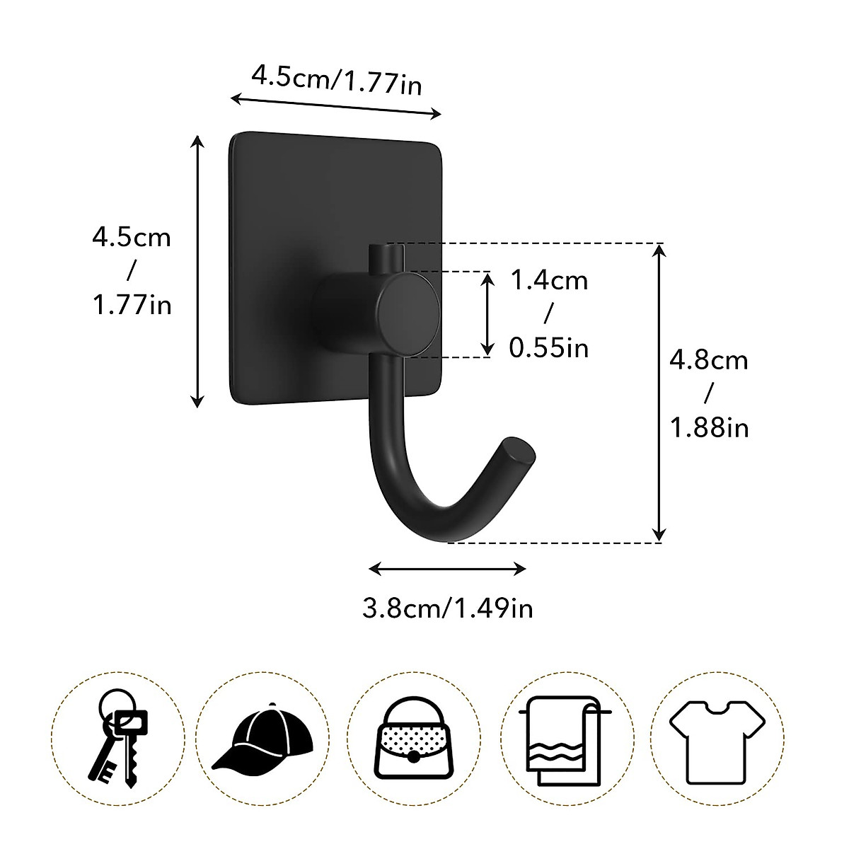 Self Adhesive Hooks,Heavy Duty Stick On Wall and Door Hooks for Hanging,Bathroom Towel Hooks and Kitchen Hallway Sticky Black Hooks,Coat Hooks Robe Hook Wall Mounted,Stainless Rustproof,4 Pack