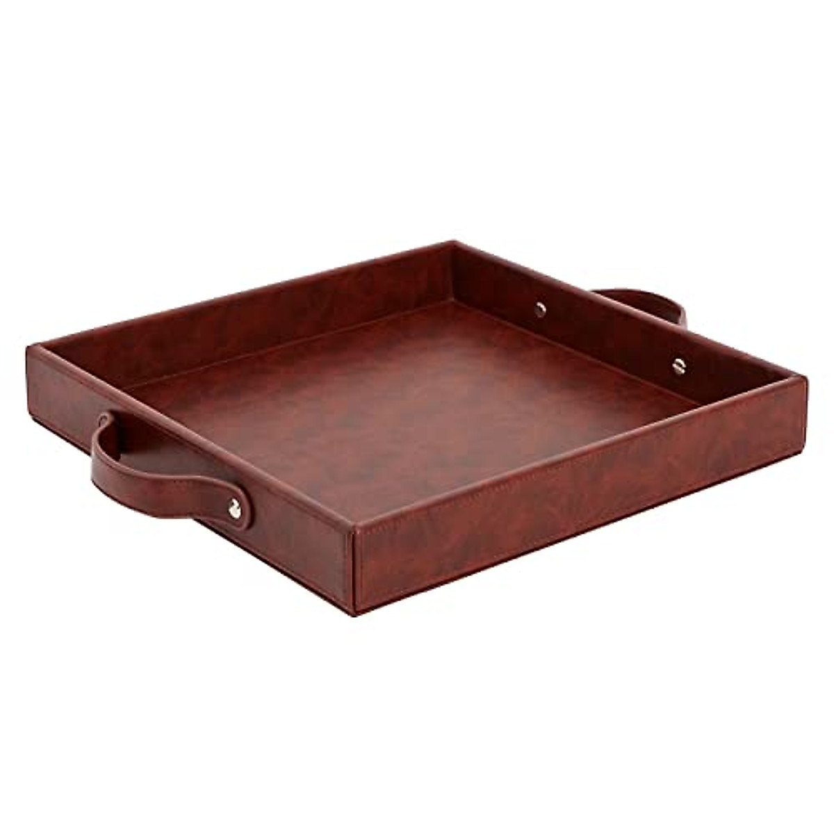Set of 2 Square Leather Serving Trays, 12x12 Valet for with Handles for Ottoman, Coffee Table (Dark Brown)
