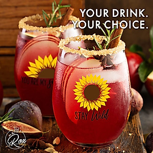 On The Rox Drinks Sunflower Wine Glasses Set of 2 - You Are My Sunshine - Sunflowers Gifts for Women and Kitchen Decor Accessories - Wine Tumbler Cup Glass Set - Sunflower Gift for House - 15 Oz