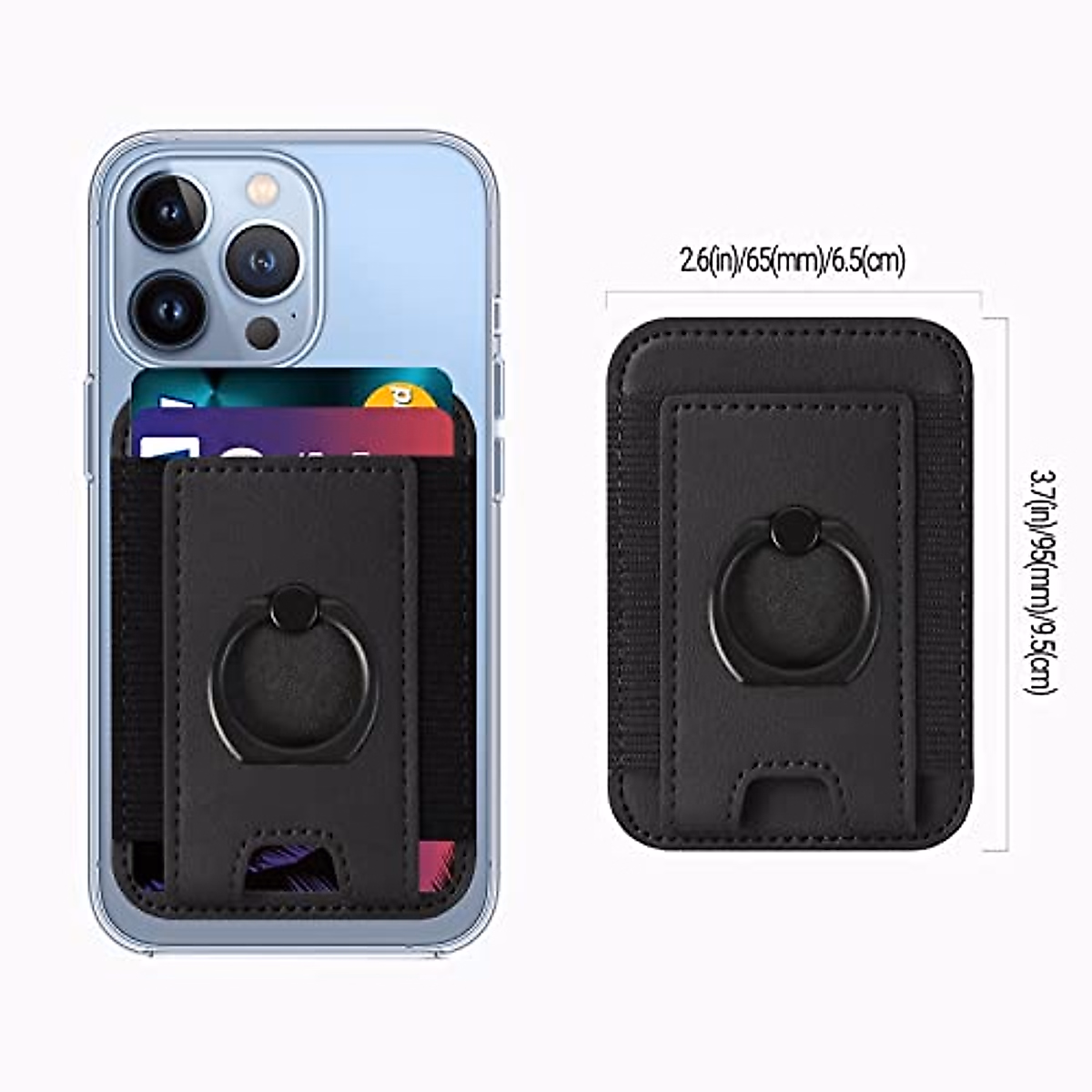 WUOJI Magnetic Card Wallet Holder for Magnetic, Secure Magnetic Card Holder with Phone Grip & Kickstand for Magnetic Leather Wallet for Back of iPhone 14/13 and 12 Series (PU Black)