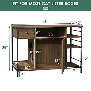Lovinouse 6 in 1 Cat Litter Box Enclosure Furniture with Litter Catcher, Wooden Cat Washroom with Drawer and Shelves, Hidden Litter Box Cat Cabinet, Side Table for Living Room, Bedroom