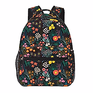 Black Flowers Backpack for Girls - Colorful Floral School Backpacks Wildflowers Plants Bookbag Spring Botanical Foliage Rucksack Seasonal Herb Leaves Daypack Travel Bag