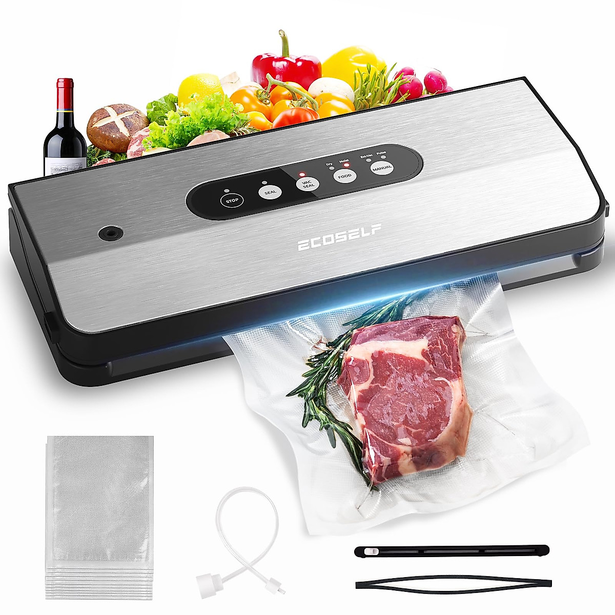 Vacuum Sealer Machine, with 8-in-1 Function& Detachable Tray& Cutter& 10 Bags, Food Vacuum Sealer Saver Machine for Food Storage & Sous Vide,Automatic Sealing Machine,EXT-VAC,Stainless Steel