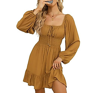 Dokotoo Womens Square Neck Sexy Dresses Long Lantern Sleeve Ruffle A-Line Brown Dresses for Women Smocked Tie Bow Elastic Waist Short Mini Dresses Large