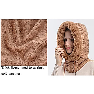 Women One Piece Slouchy Fleece Beanie Hats Scarf Mask Drawstring Warm Hooded Winter Balaclava Pullover Knitted Hat Black