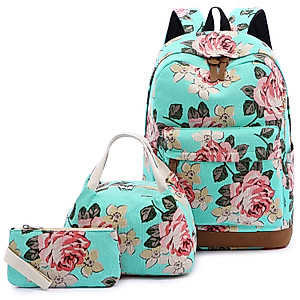 Abshoo Floral Backpacks For Girls Canvas School Bookbags Teen Girls Backpacks With Lunch Bag (Floral Lake Blue)