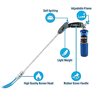 BLUEFIRE 32" Long Propane Weed Torch Burner,Blow Torch,Trigger Start Self Ignition on Handle,Single Hand Operation, Lightweight Portable Weeds Burn Garden Tool Snow Ice Roof Road Charcoal Fire Starter