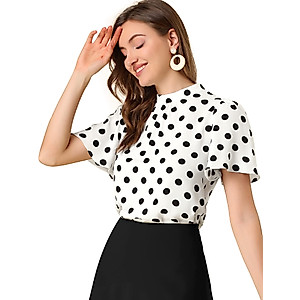 Allegra K Women's Polka Dots Blouse Stand Collar Pleat Keyhole Back Short Flare Sleeve Tops Medium White Black