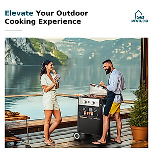 MFSTUDIO 2-Burner Propane Gas BBQ Grill with Cast Iron Griddle Pan, 20,000 BTU Output Small Barbecue Grill for Outdoor, Patio, Backyard and Balcony