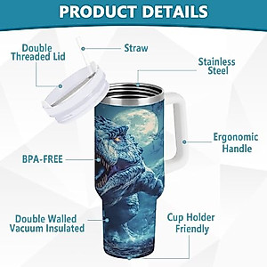 Slewiaeky Tumbler with Handle 40 oz Beast Dinosaur Horror T Rex Travel Mug with Lid and Straw Stainless Steel Vacuum Insulated Water Bottle Cup for Iced Tea Coffee Cold Beverages Cup Holder Friendly