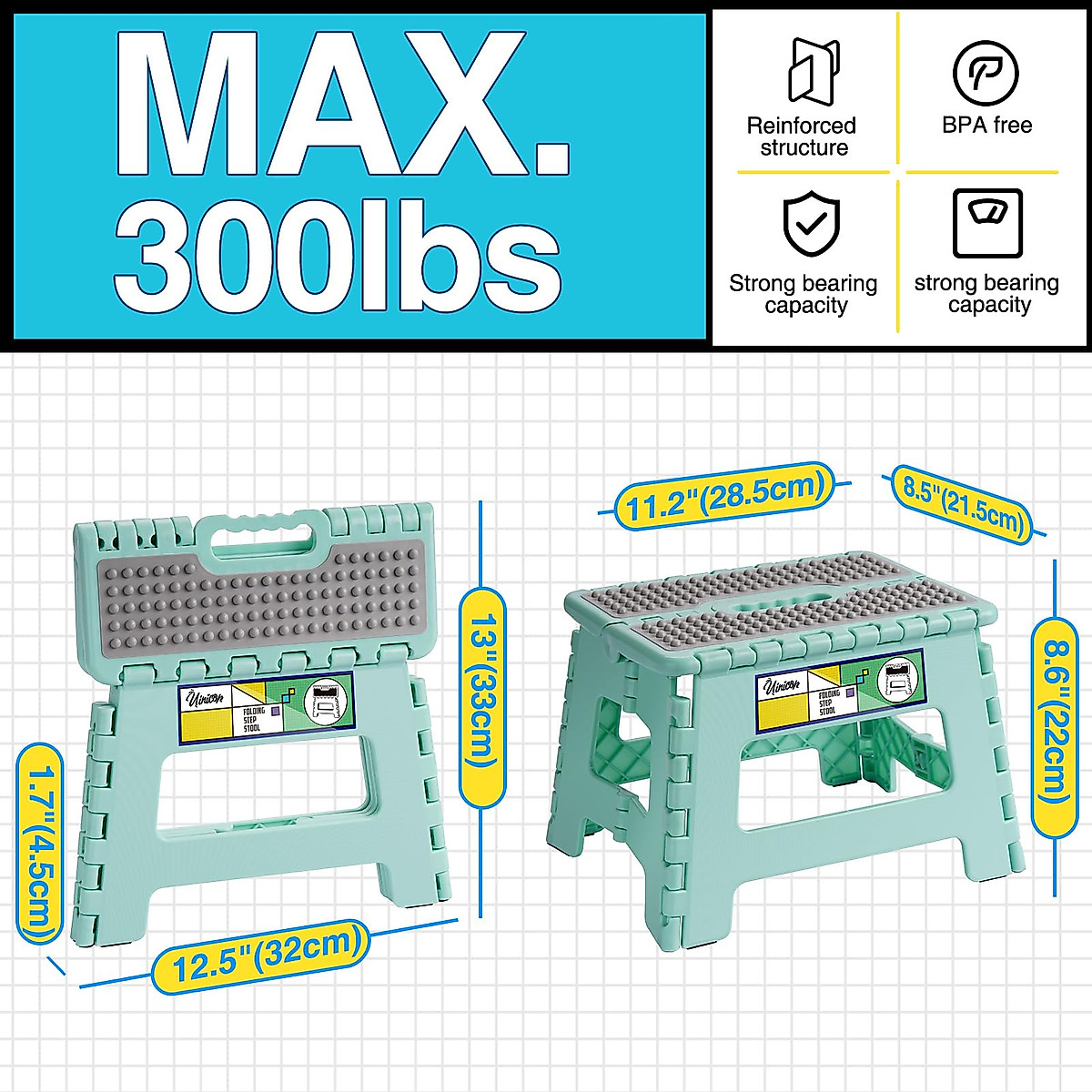 Uinicor 9" Folding Step Stool for Adults and Kids Holds Up to 300 lbs,Non-Slip Folding Stools with Handle, Compact Plastic Foldable Step Stool for Bathroom,Bedroom, Kitchen,Teal 1pc