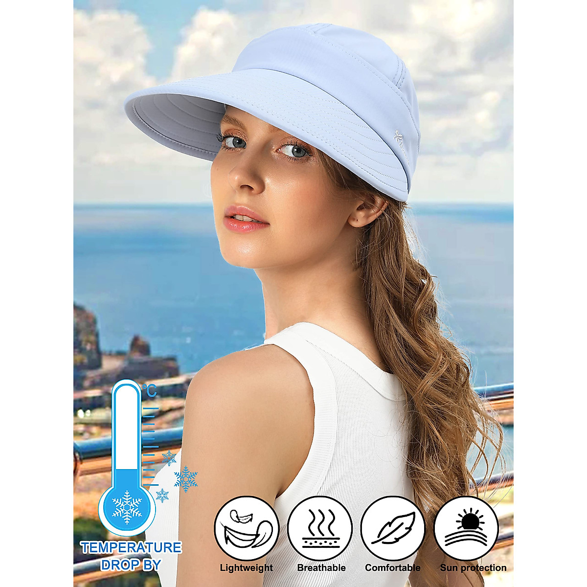 Sun Hats for Womens Wide Brim Visor UV Protection Dual Purpose Hat for Beach Summer Packable Hat(Blue)