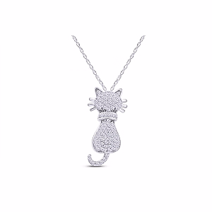THE JEWEL ZONE White Natural Diamond Fashion Cat Pendant Necklace in 14k White Gold Over Sterling Silver (0.33 Ct)