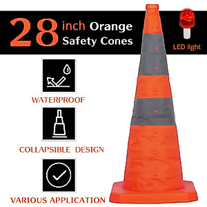4 Pack 28 inch Collapsible Traffic Cones with LED Light, Safety Cones with Reflective Collars, Multi Purpose Pop Up Extendable Road Safety Cone by GUARDLEAD