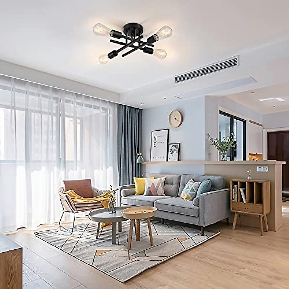 SunRider Industrial 4-Light Semi Flush Mount Ceiling Light Fixture, Modern Farmhouse Lighting Matte Black, Rustic Sputnik Chandelier Ceiling Lamp for Kitchen Bedroom Living Room, Bulbs Not Included