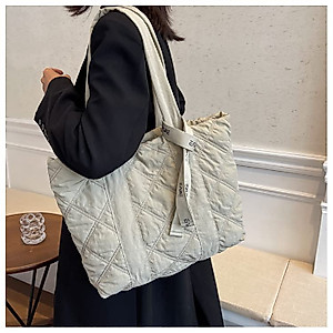 Women Puffer Bag Quilted Puffy Tote Bag Lightweight Cotton Padded Shoulder Bag Trendy Hobo Hippie Down Handbag (Beige)