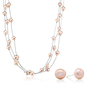 Gem Stone King 3-Row 7-8MM Pink Cultured Freshwater Pearl 18 Inch Necklace and Earrings Jewelry Set For Women