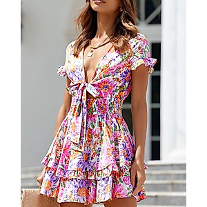 PRETTYGARDEN Women's 2024 Summer Swing Mini Dress V Neck Short Sleeve Ruffle Tiered Layer A-Line Short Bow Dress(Floral White,Large)