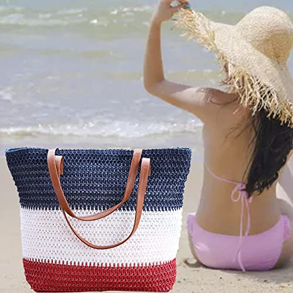 JNF Large Beach Bags for Women Crochet Beach bag Rattan Woven Tote Bag Travel Totes Bohemian Straw Beach Bags and Totes Towel Bag (Straw Beach bag 09)